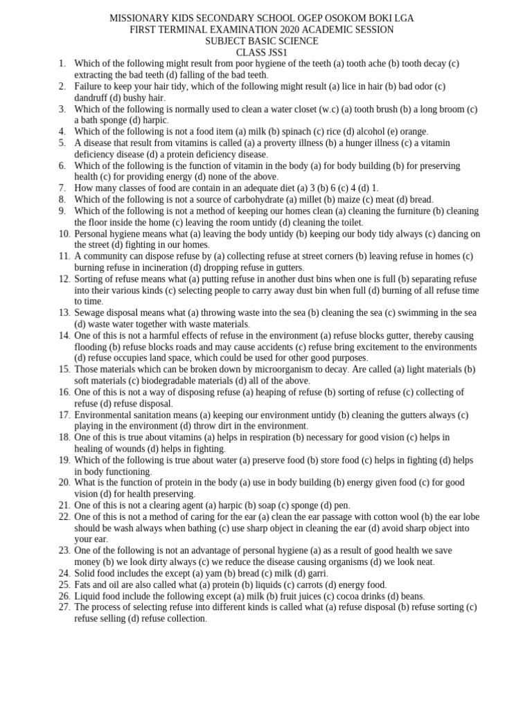Basic Science Exam for JSS1 Students | PDF | Foods | Waste Management
