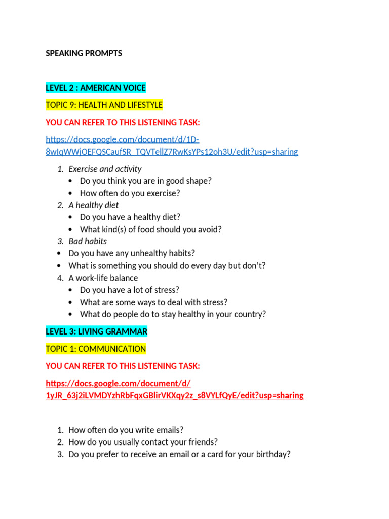 Health and Lifestyle Speaking Prompts | PDF