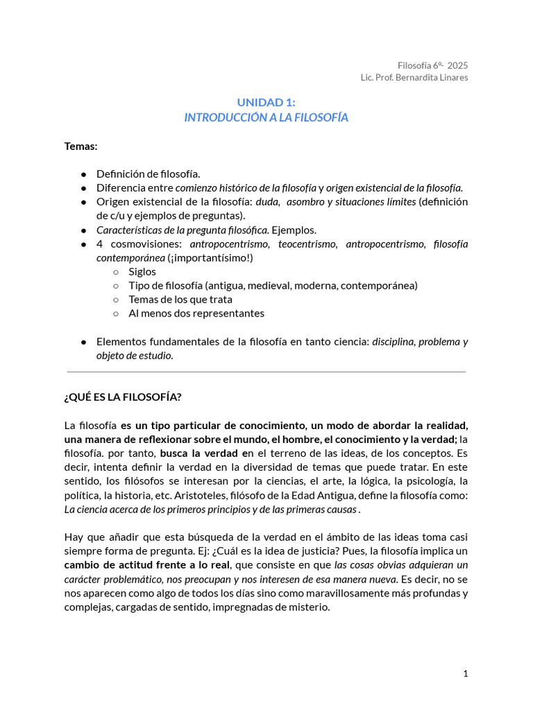 Filosof-A 2025 - Unidad 1 | PDF | Esencia | Metafísica