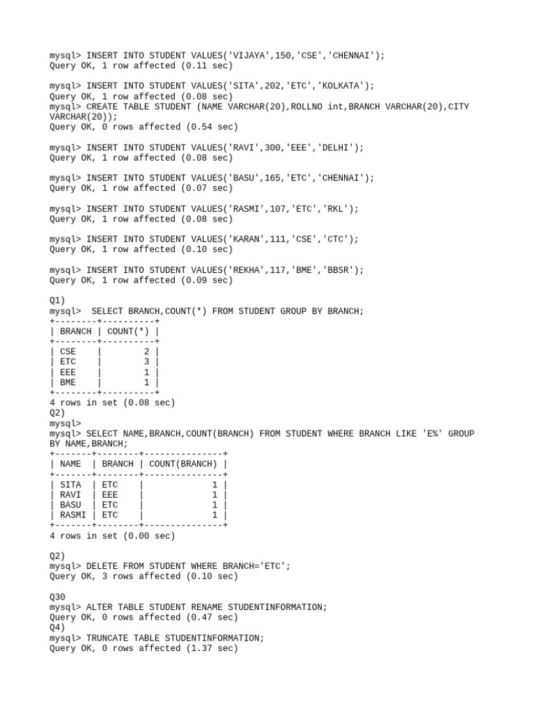 MySQL Student Table Operations Guide | PDF