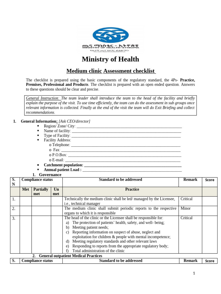 Medium Clinic Checklist | PDF | Housekeeping | Sanitation