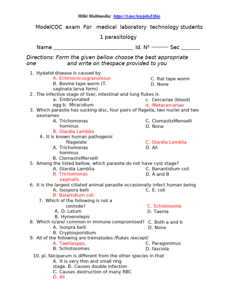 COC EXAM MODEL For MLT 1st Cycle (1) New | PDF | Antibody | Lipoprotein