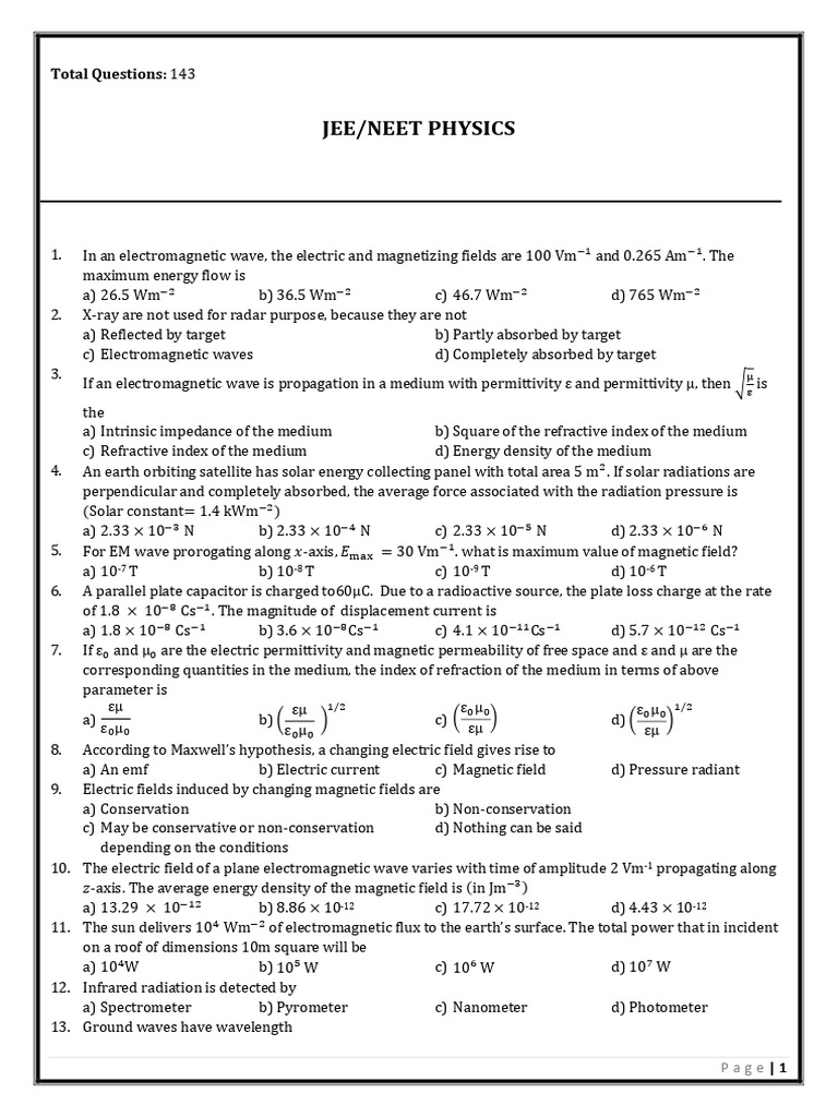 JEE/NEET Physics: Electromagnetic Waves Questions | PDF | Waves ...
