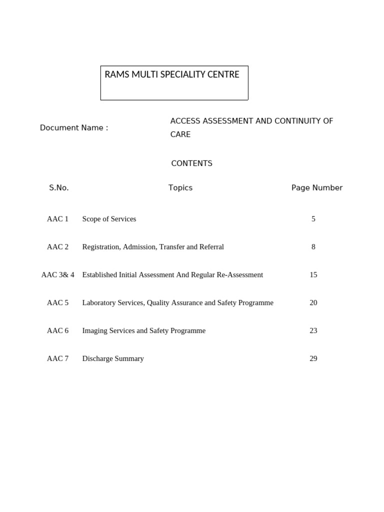 Access Assessment & Care Continuity Guide | PDF | Patient | Hospital