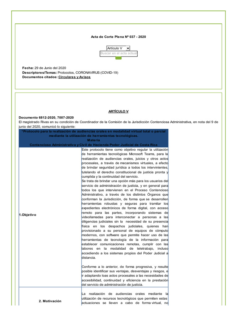 Acta de Corte Plena 037-2020, Protocolo Audiencias Virtuales | PDF | Ley administrativa | Ley ...