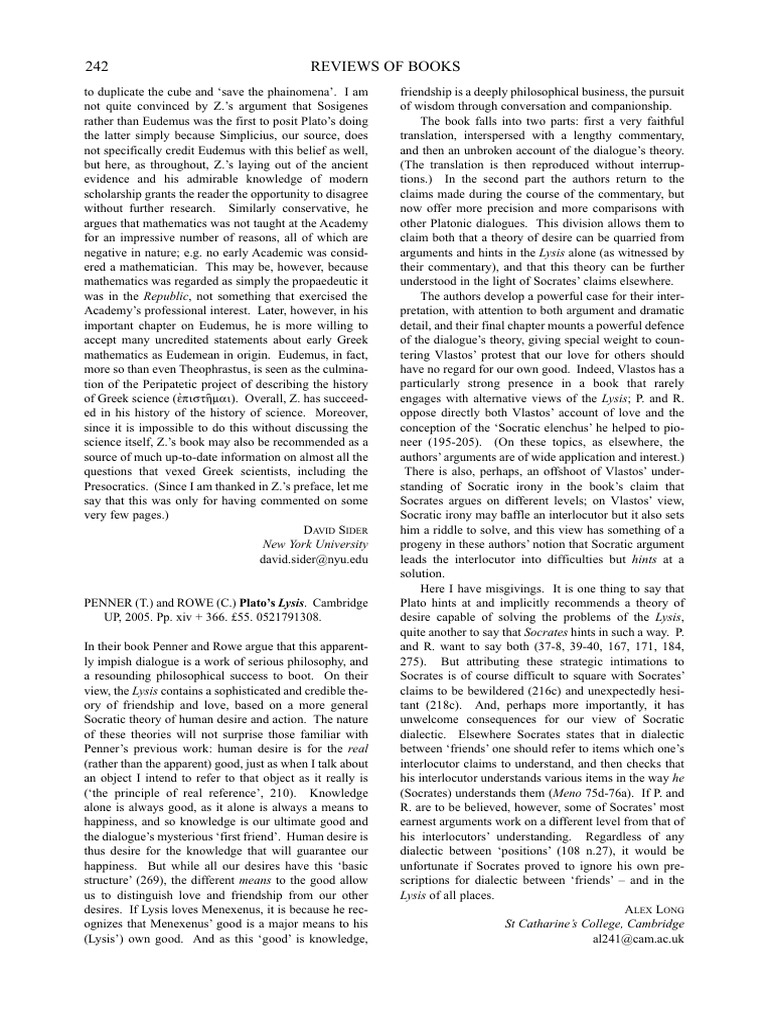 2007 - Long, Alex - Philosophy (T.) Penner and (C.) Rowe Plato's Lysis ...