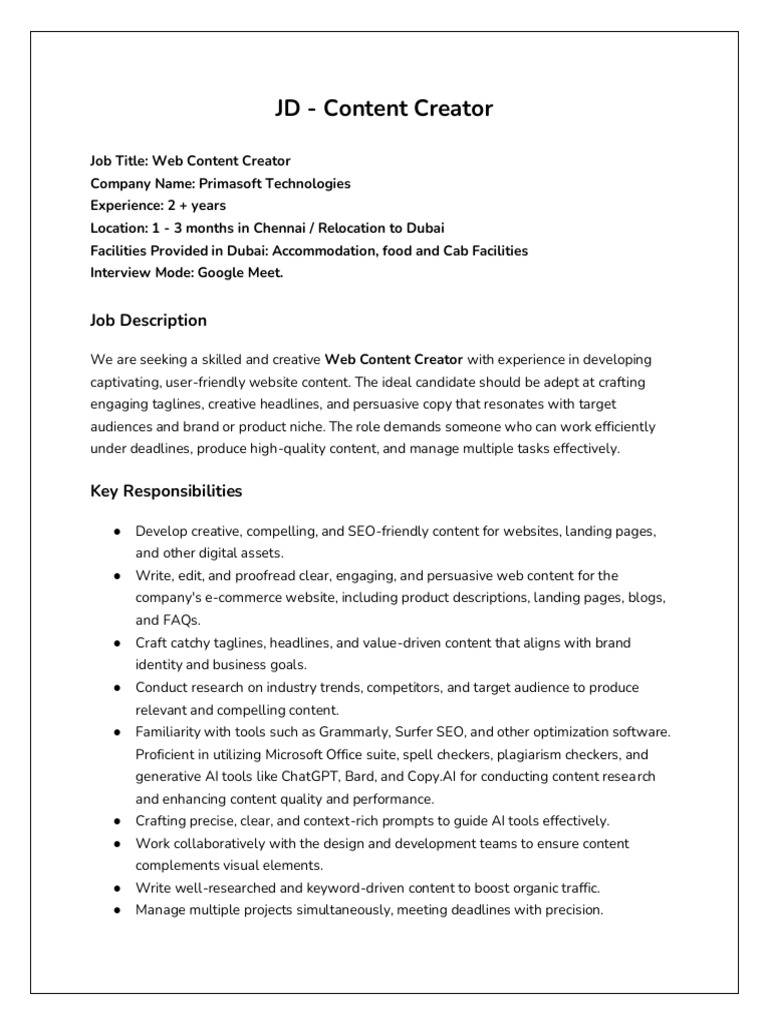 Content Creator - Primasoft (Onsite) | PDF | Search Engine Optimization ...