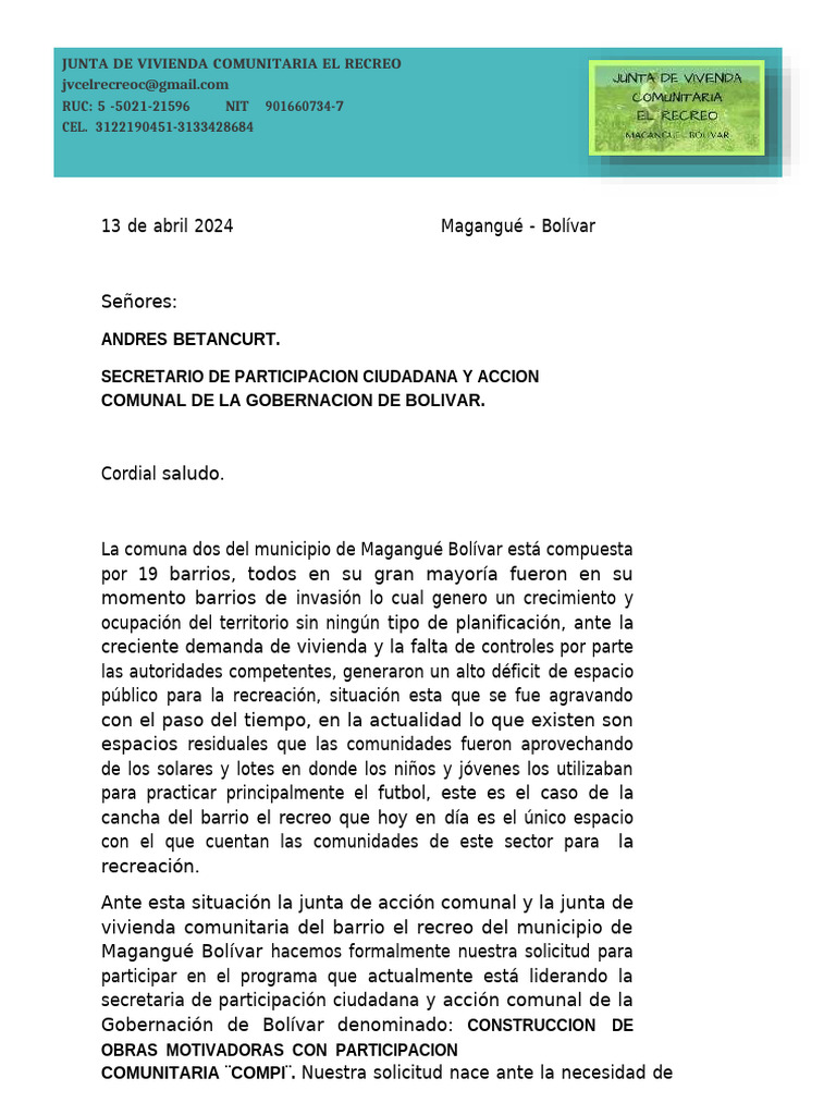 Solicitud para Compi JVC y Jac Del Recreo - Proyecto de Mejoramiento de Cancha Deportiva | PDF ...