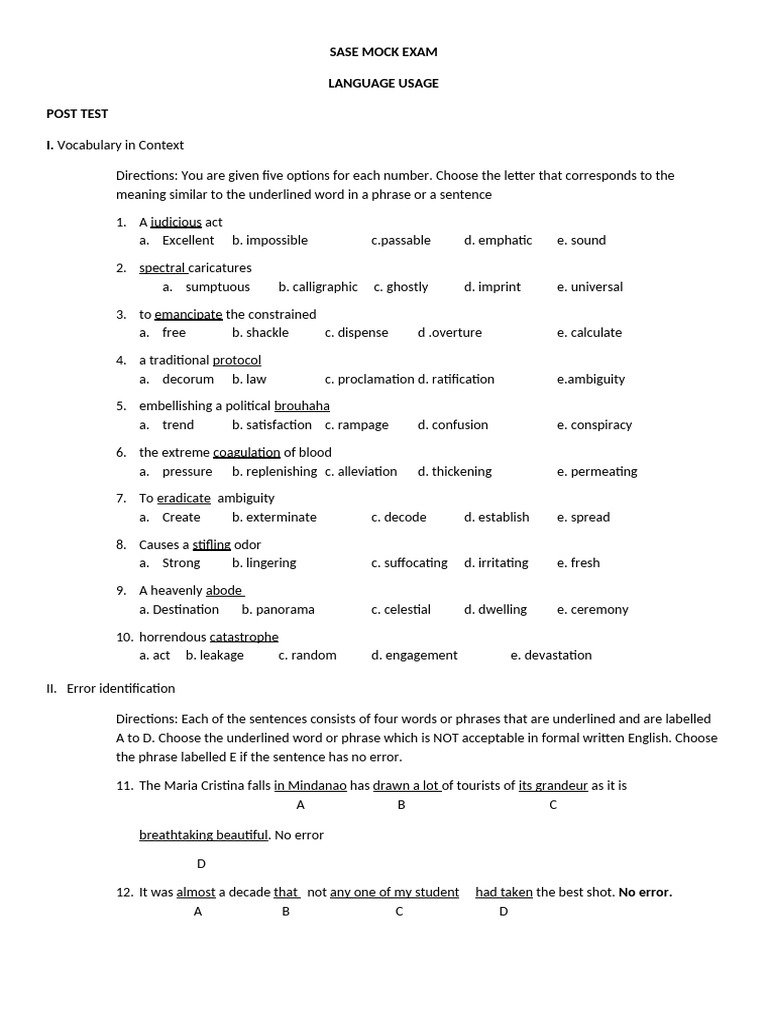 SASE Mock Exam: Language Usage Review | PDF | Linguistics