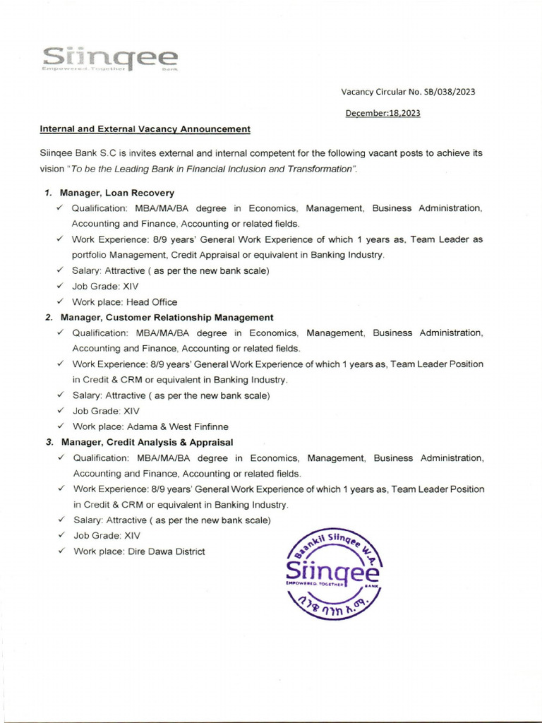 Internal & External Vacancy Announcement 18-12-2023 | PDF