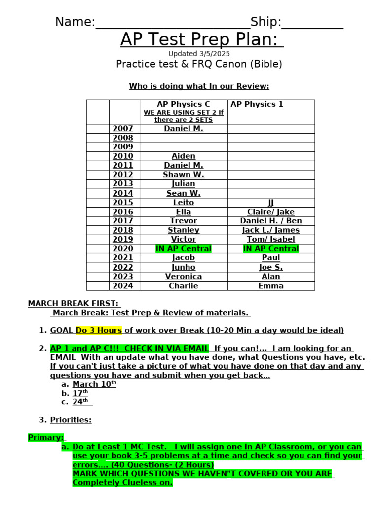 AP Test Prep Plan Over Breaks 2024-25 | PDF | Magnetic Field | Capacitor