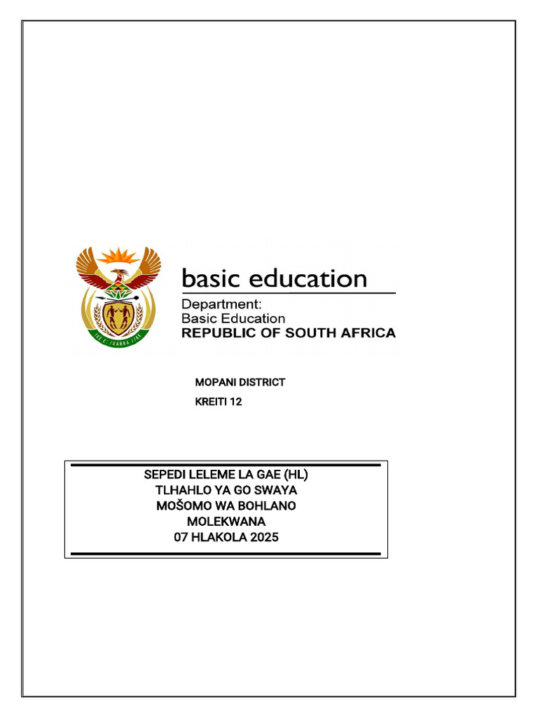 Sepedi HL P1 GR 12 Memo For Task 5 2025 MOPANI | PDF
