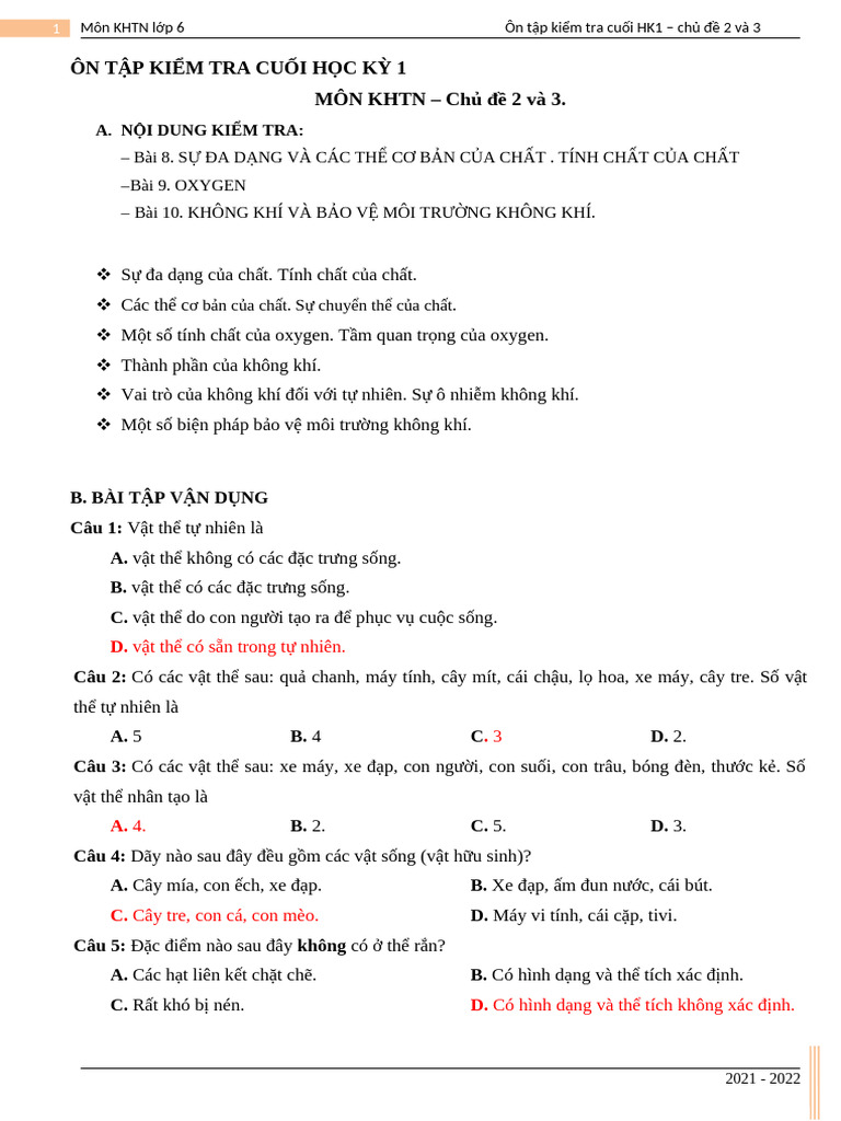 Môn KHTN _Hóa _ lớp 6 _Ôn tập KT cuối HK I | PDF