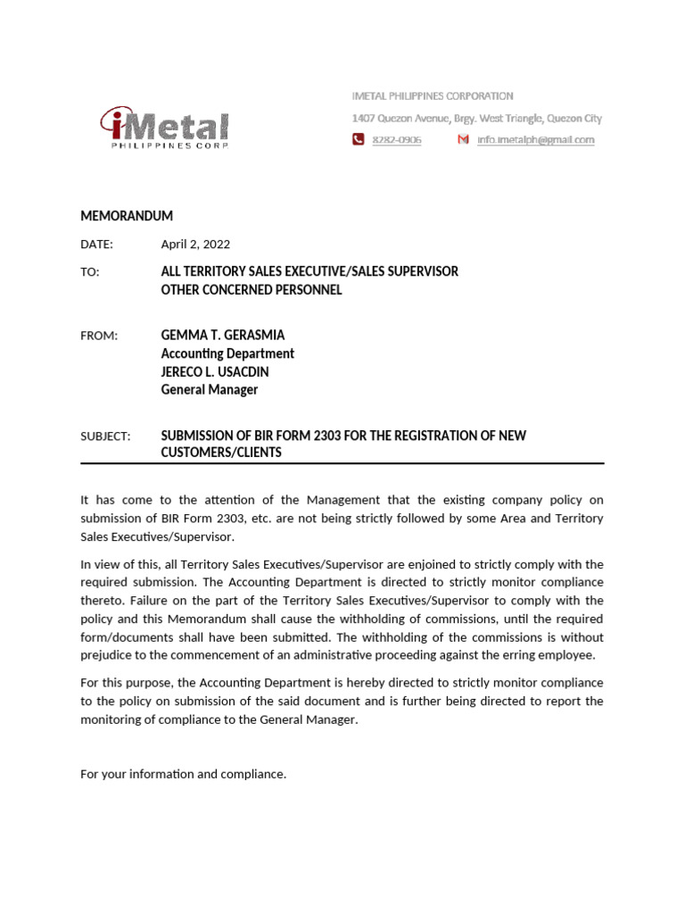 Memorandum - Bir Form 2303 | PDF