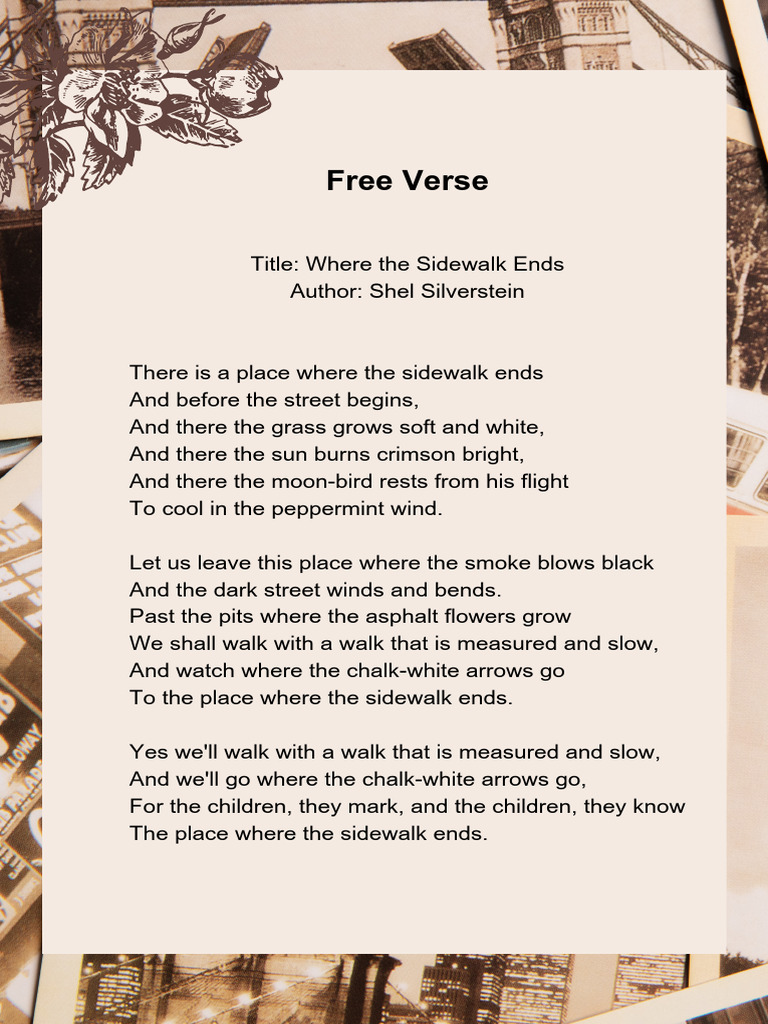 Free Verse Title Where The Sidewalk Ends Author Shel Silverstein Text ...