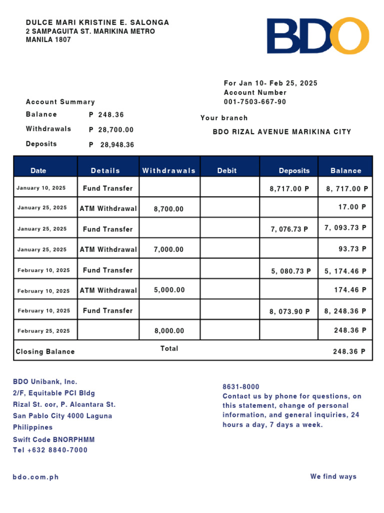 BDO Bank Statement | PDF