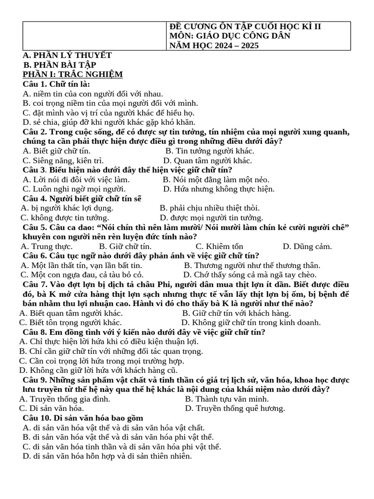 ĐỀ CƯƠNG ÔN TẬP CUỐI HỌC KÌ II - GDCD | PDF