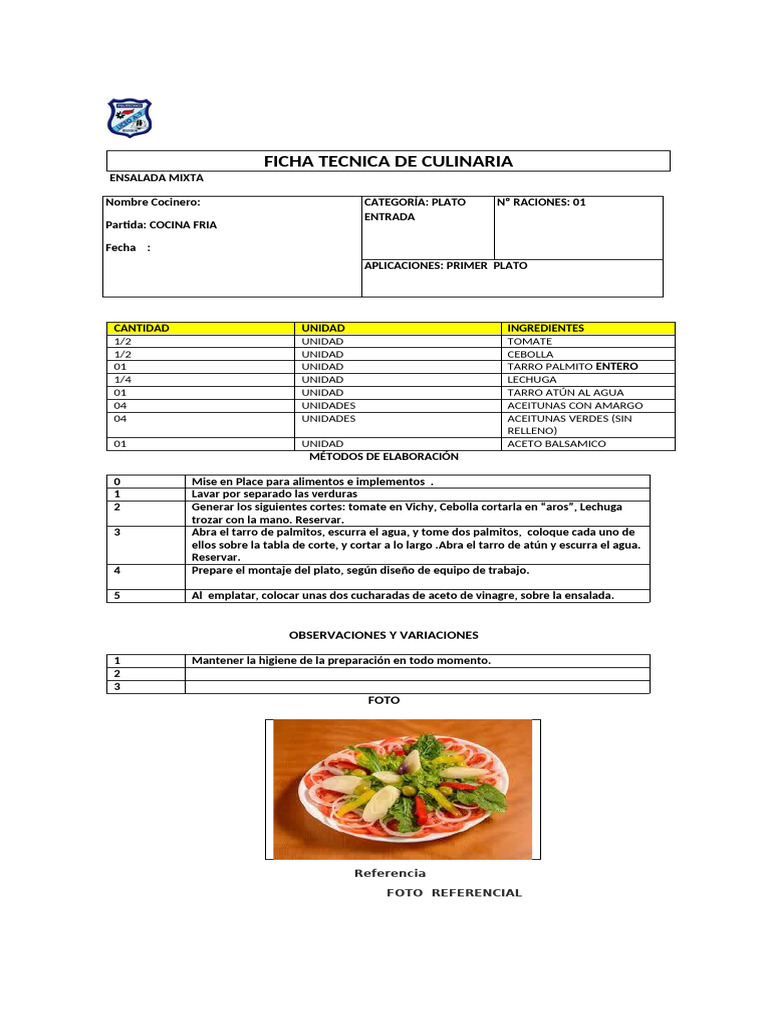 Ficha Tecnica Ensalada Mixta | PDF