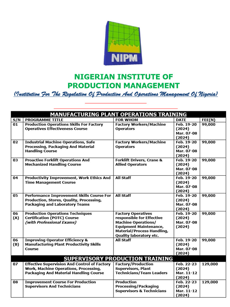 2024-NIPM-TRAINING-SCHEDULE-1 | PDF | Logistics | Supply Chain Management