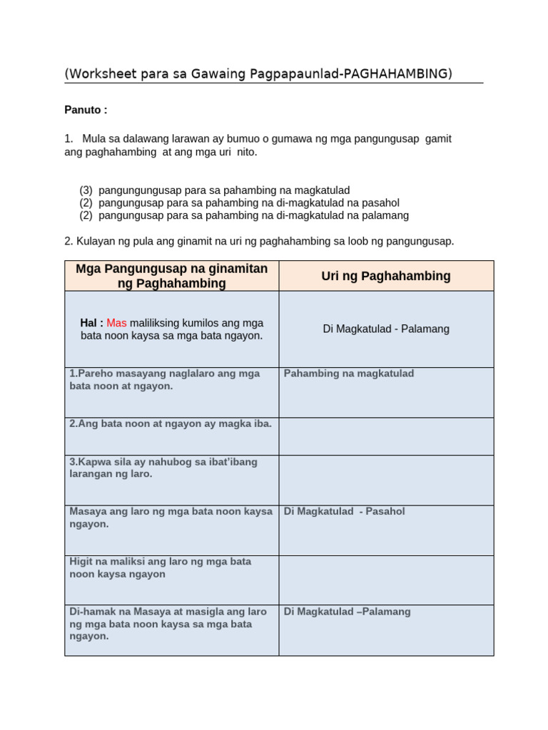 Worksheet para Sa Gawaing Pagpaapunlad (PAGHAHAMBING) | PDF