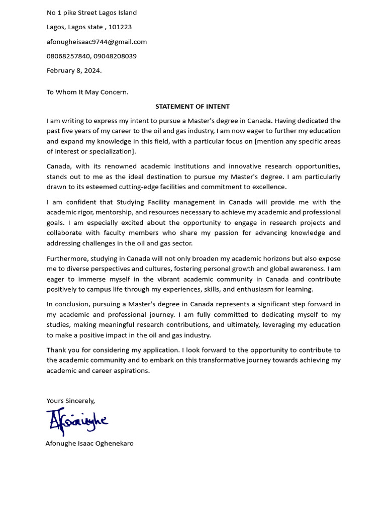 Statement of Intent | PDF
