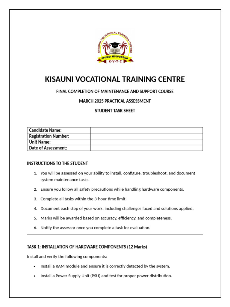 KVTC FINAL CRM STUDENT TASK SHEET | PDF | Troubleshooting | Bios