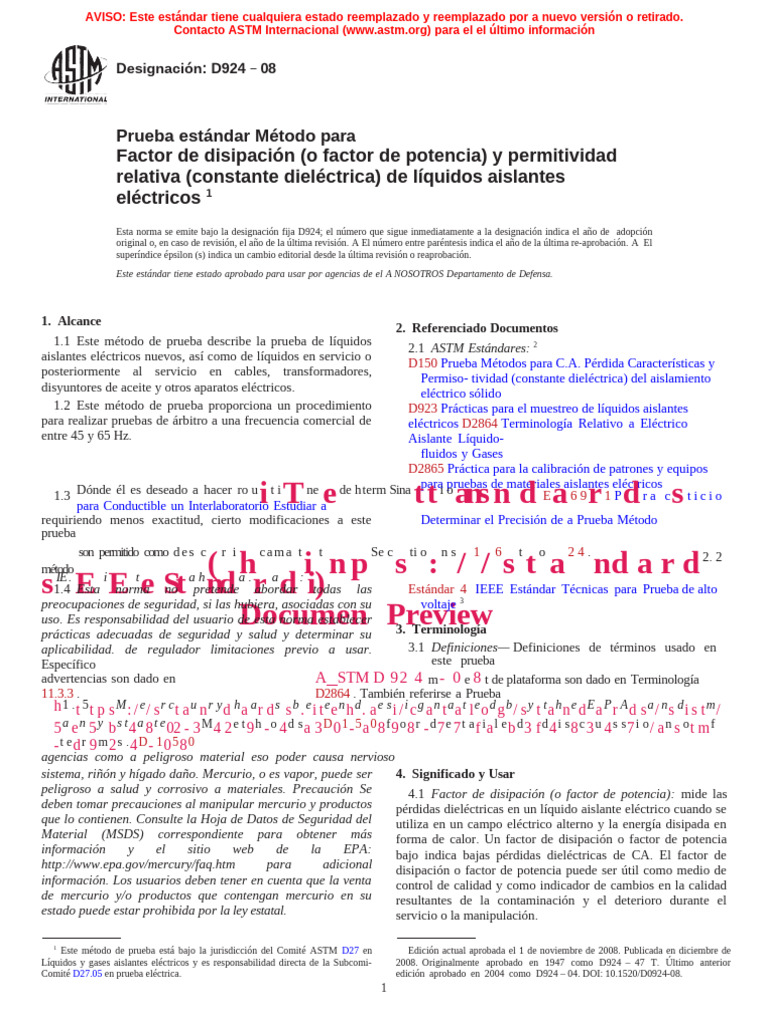 Método ASTM D924 para Líquidos Aislantes | PDF | Aislador (Electricidad ...