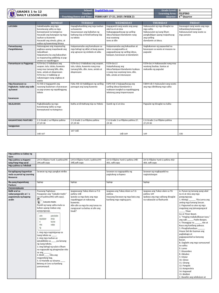DLL - Filipino 2 - Q4 - W2 | PDF