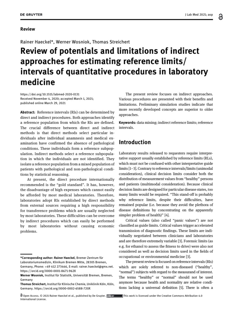 Estimating Reference Limits-Intervals of Quantitative Procedures in Laboratory | PDF | Outlier ...