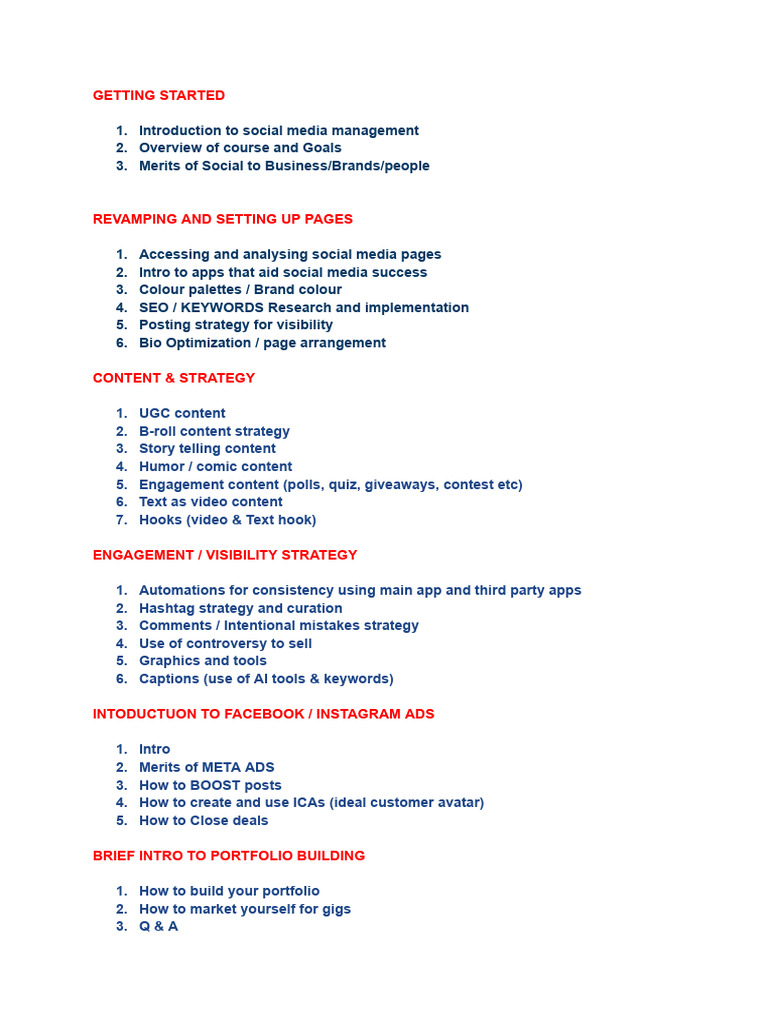 Topic Outlines For Social Media Mgt. (Free) Cohort | PDF