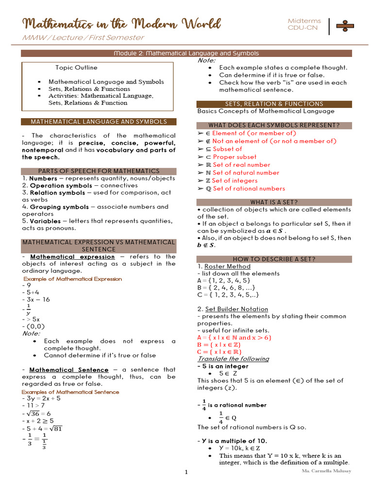 Copy of MMW - L2-L3- Mathematical Language & Symbols | PDF | Function (Mathematics) | Numbers