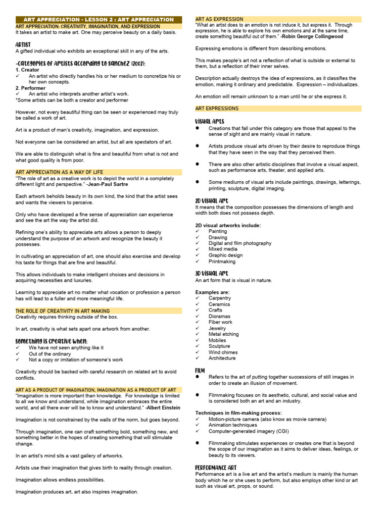 Art Appreciation Lesson 2 | PDF | Representation (Arts) | Experience