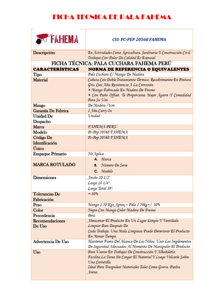 Ficha Técnica Pala Cuchara FAHEMA | PDF