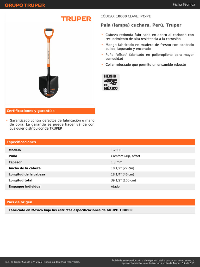 Pala (Lampa) Cuchara, Perú, Truper: Código: 10000 Clave: Pc-Pe | PDF | Materiales de ...