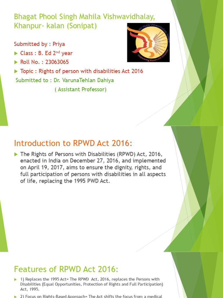 Overview of RPWD Act 2016 | PDF | Disability | Visual Impairment