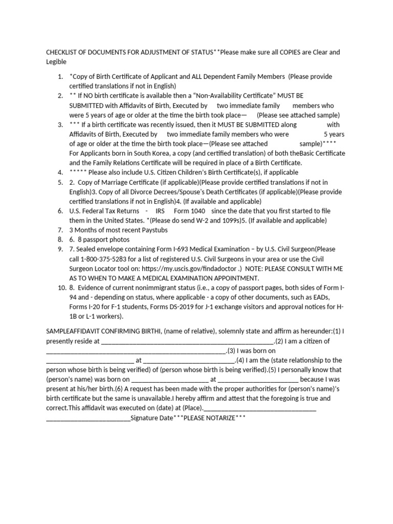Adjustment of Status Document Checklist | PDF | Birth Certificate ...