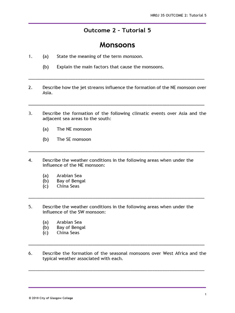 HR0J 35 OUTCOME 2 TUTORIAL 5 (Monsoons) | PDF