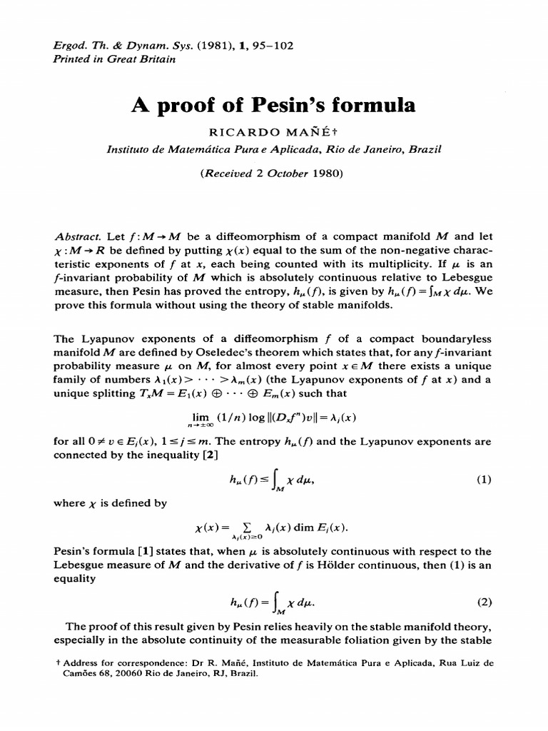 Proof of Pesin's Formula Simplified | PDF | Measure (Mathematics ...