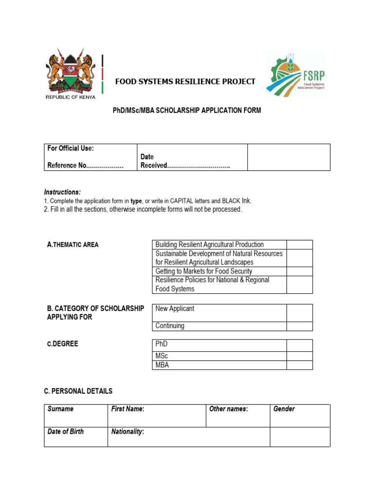 PhD/MSc/MBA Scholarship Application Form | PDF