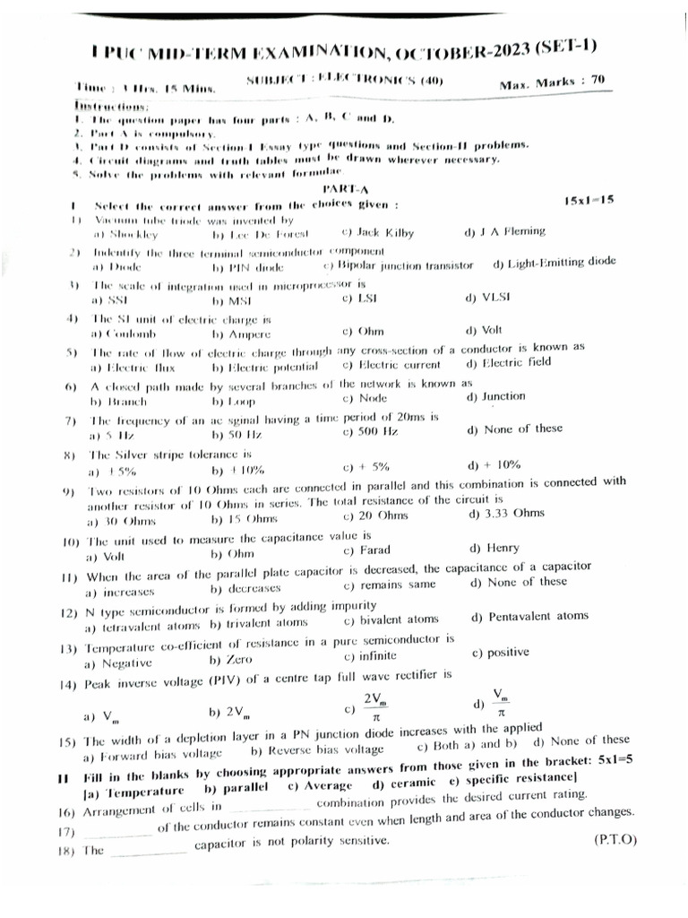 4_I PU ELECTRONICS MIDTERM QP 2023 | PDF