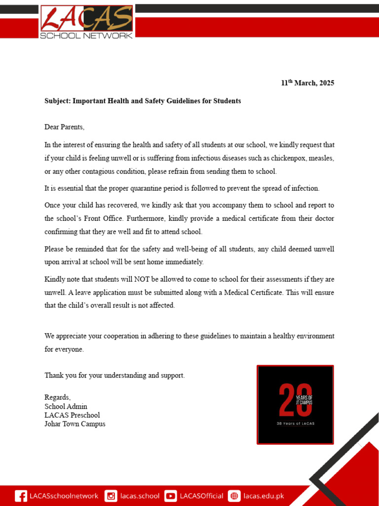 Letter To Parents (Students' Health & Safety) | PDF