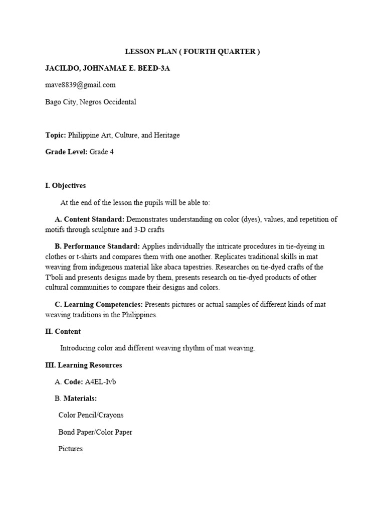 Philippine Art and Weaving Lesson Plan | PDF | Weaving | Learning