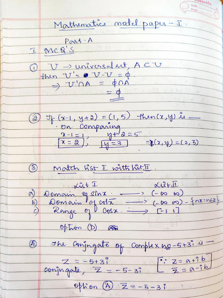 Mathematics Model paper (1 mark solutions) | PDF