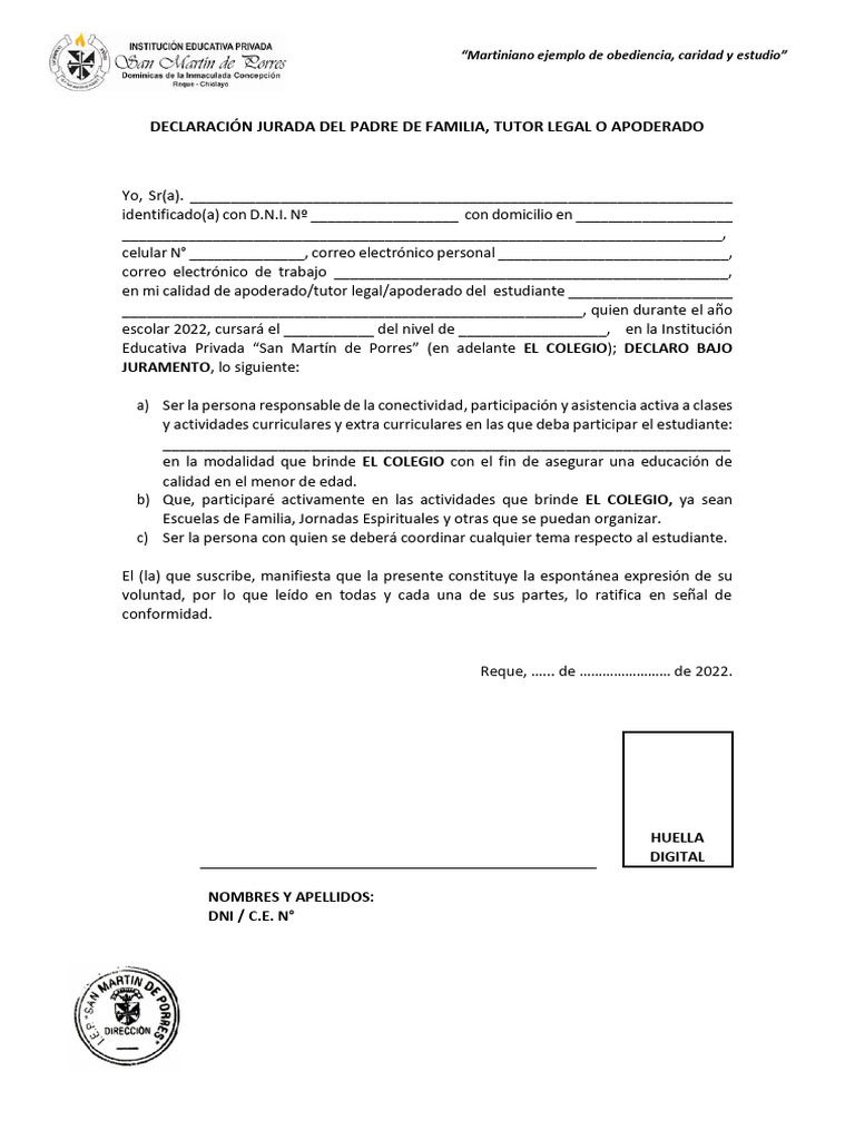 Declaracion Jurada Del Padre de Familia Tutor Legal o Apoderado | PDF