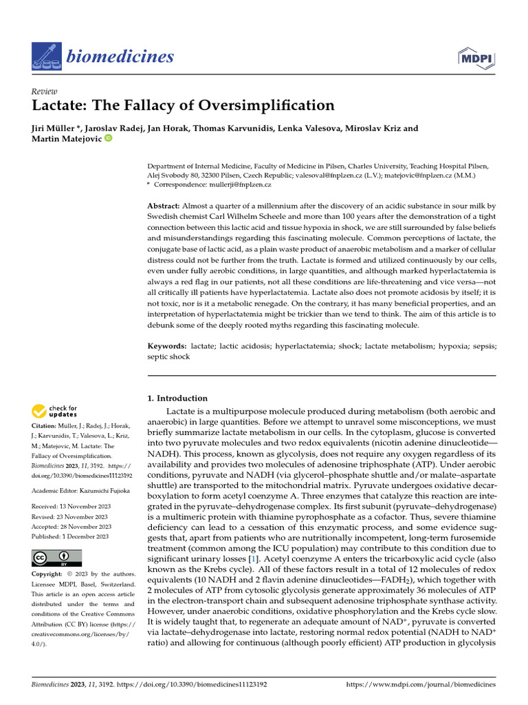 Lactate - The Fallacy of Oversimplification | PDF | Adenosine ...