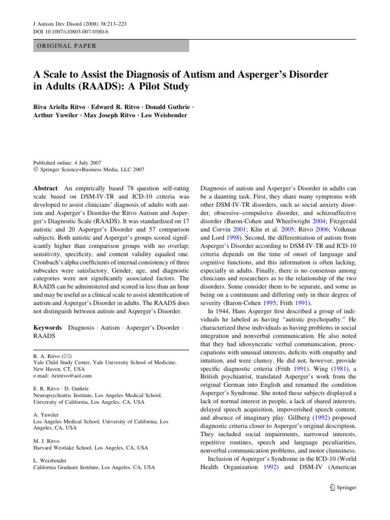 A Scale To Assist The Diagnosis of Autism and Asperger's Disorder in ...