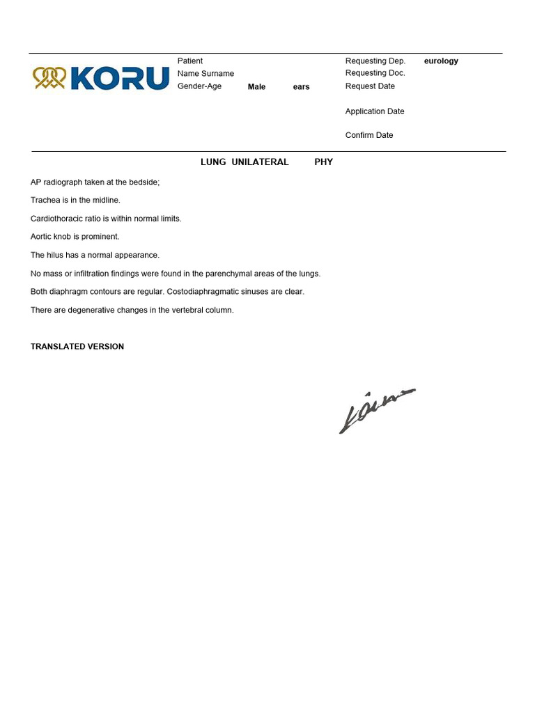 Lung Graphy Report: Normal Hilus Findings | PDF