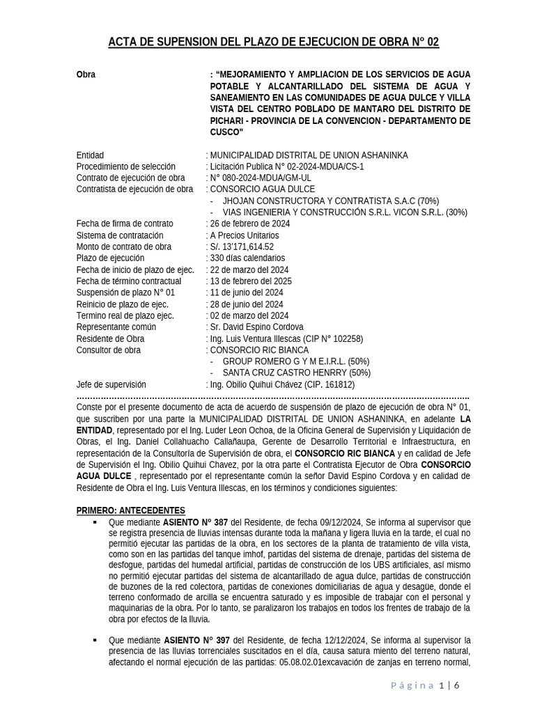 ACTA DE SUPENSION DE PLAZO N° 02 | PDF | Precipitación | Agua