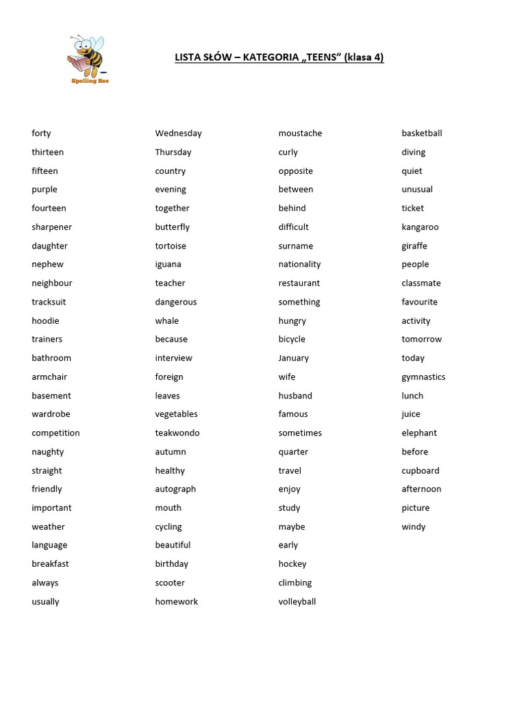 Teens Vocabulary List for Grade 4 | PDF