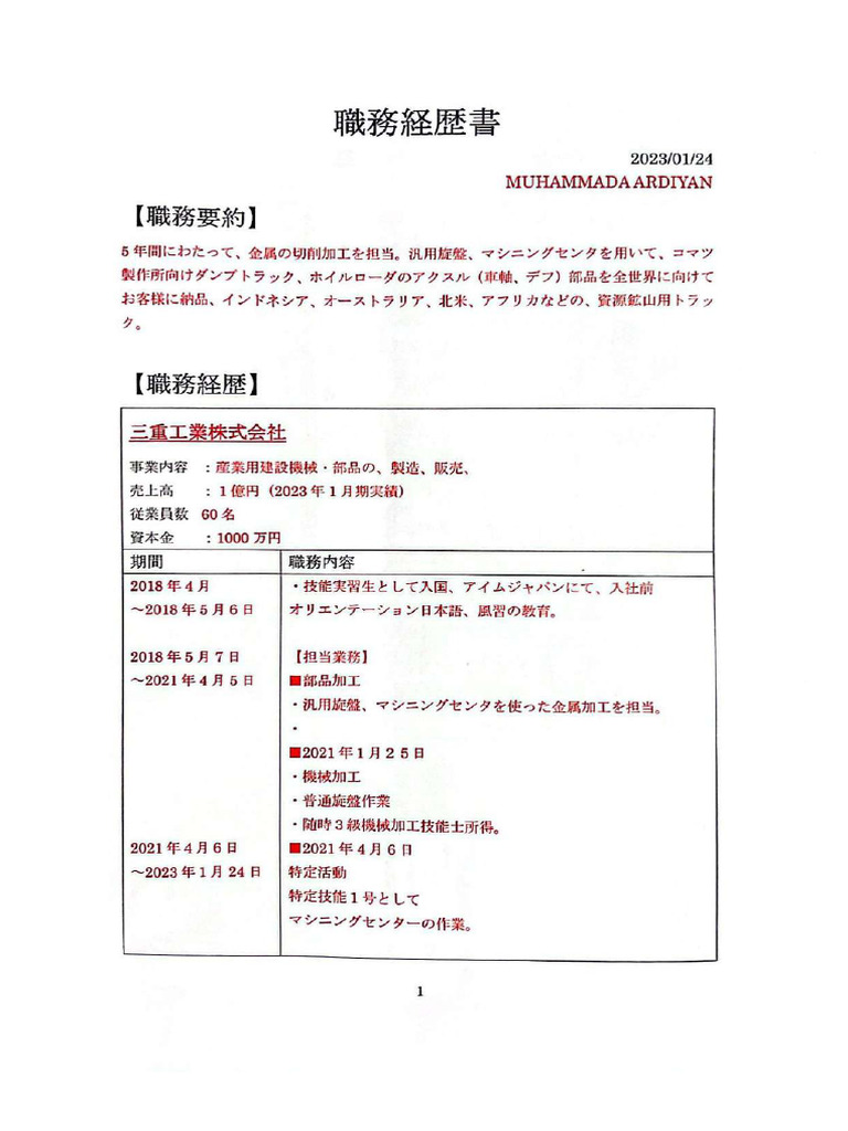 Pengalaman Kerja - Muhammad Ardiyan | PDF